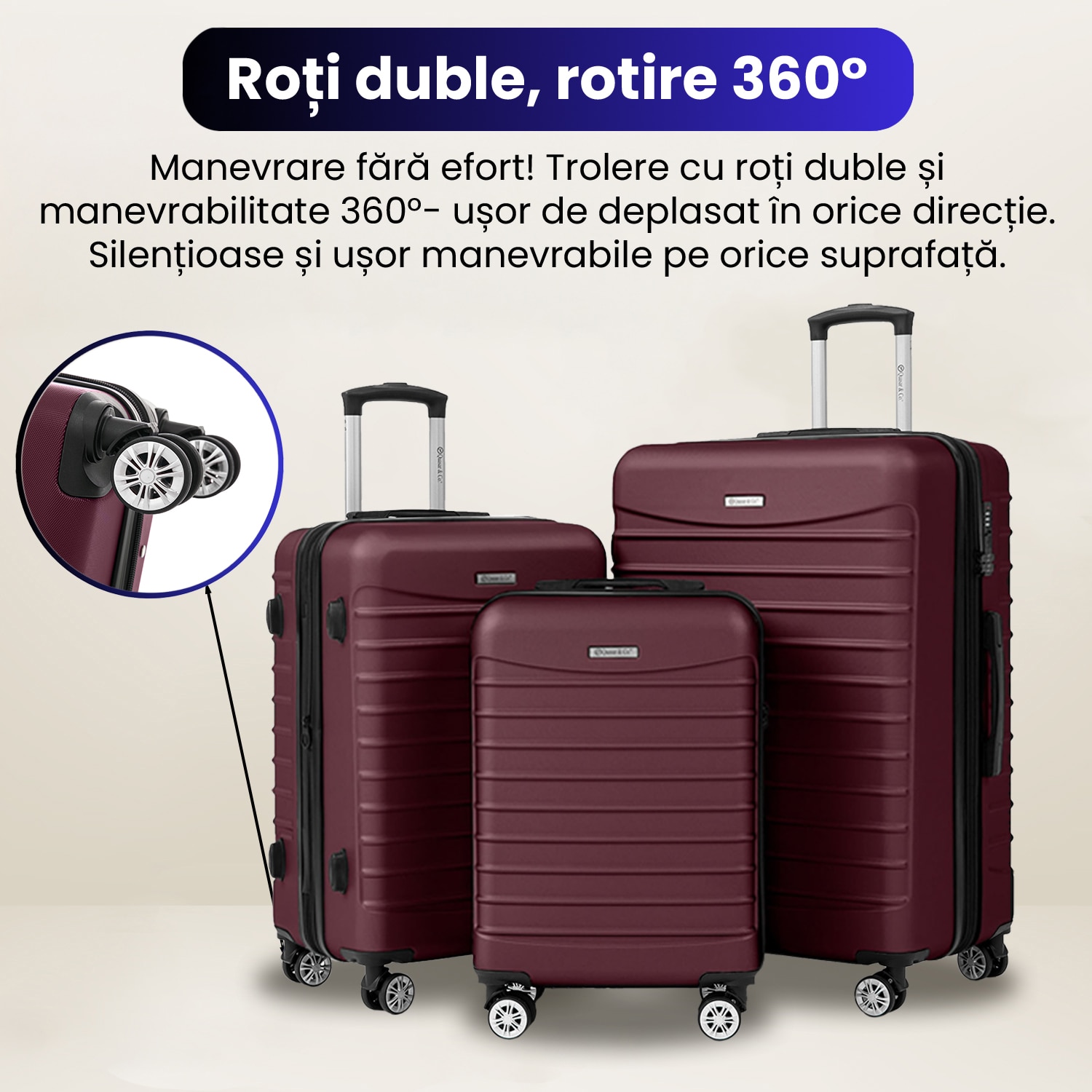 Set 3 trolere, Quasar & Co.®, S/M/L, valize cu fermoar antifurt, bagaje ...