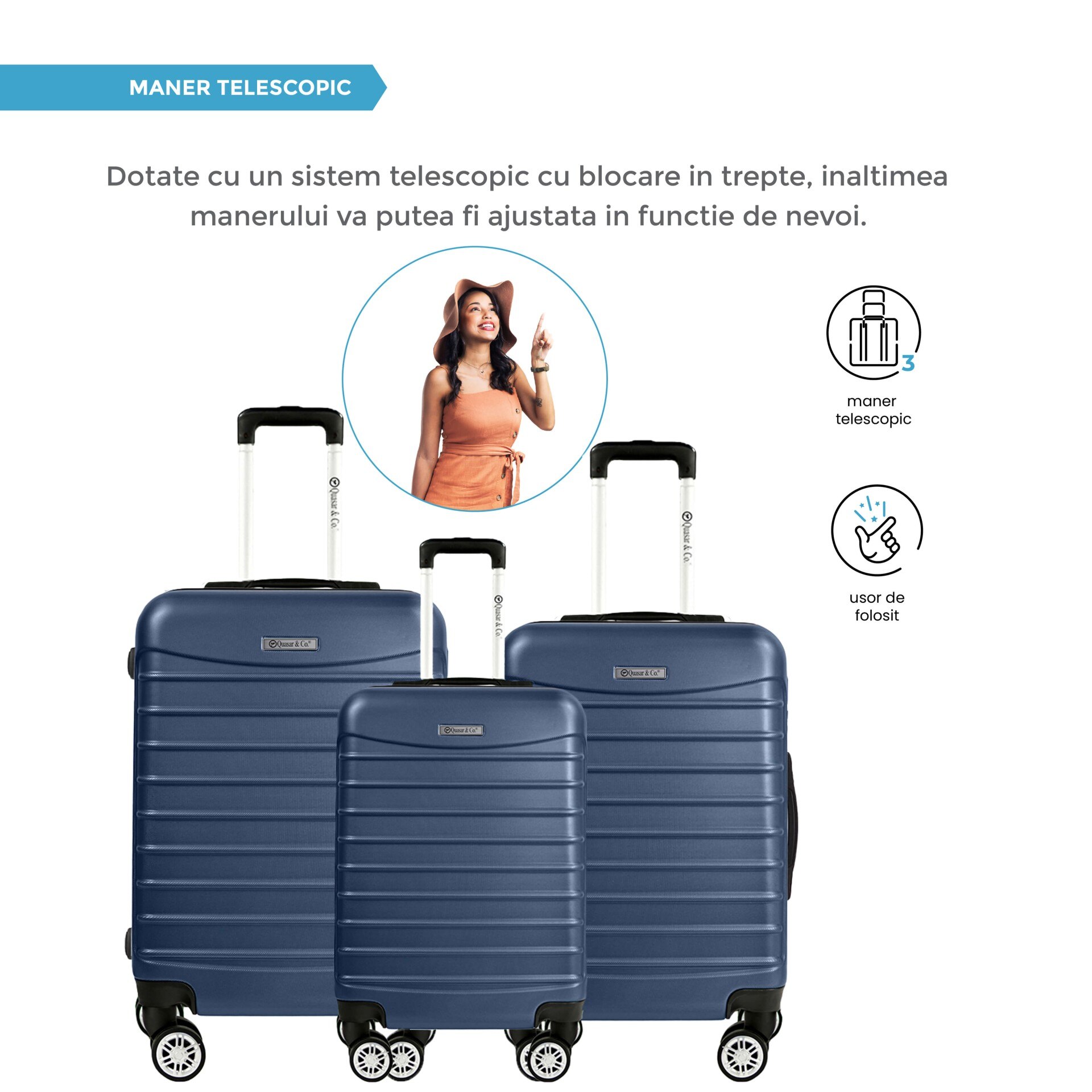 Set 3 trolere, Quasar & Co.®, Model Line, 4 roti duble cu rotatie 360 ...