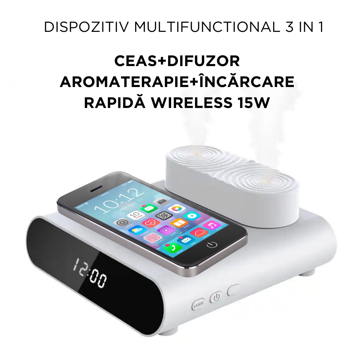 Difuzor aromaterapie cu incarcator wireless de 15 W si ceas de noptiera ...