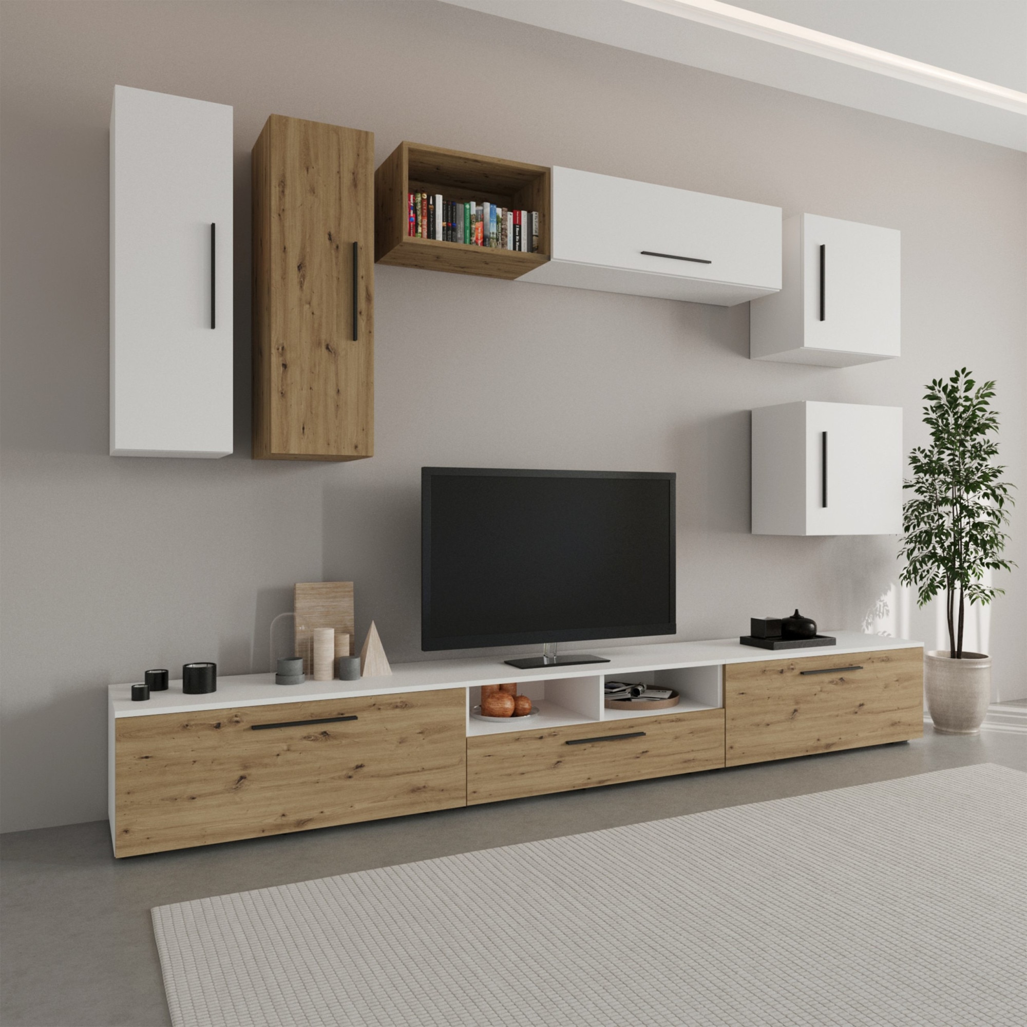 Living haaus Kos V1, Alb/Stejar Artisan, L 285 cm - eMAG.ro