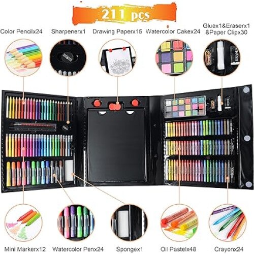 Set de creativitate KIDDYCOLOR cu 211 piese pentru copii, creioane ...
