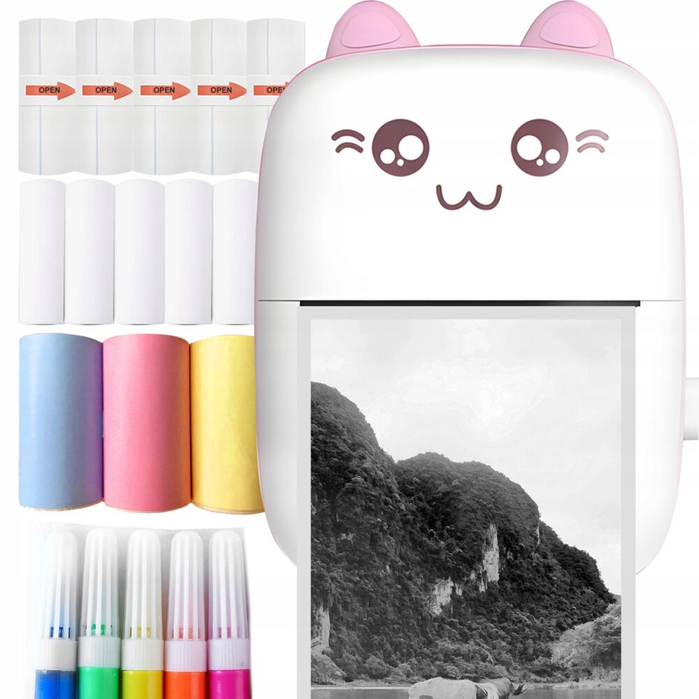 Set Mini imprimanta termica DexXer, 5 Role hartie termica alba, 3 Role ...