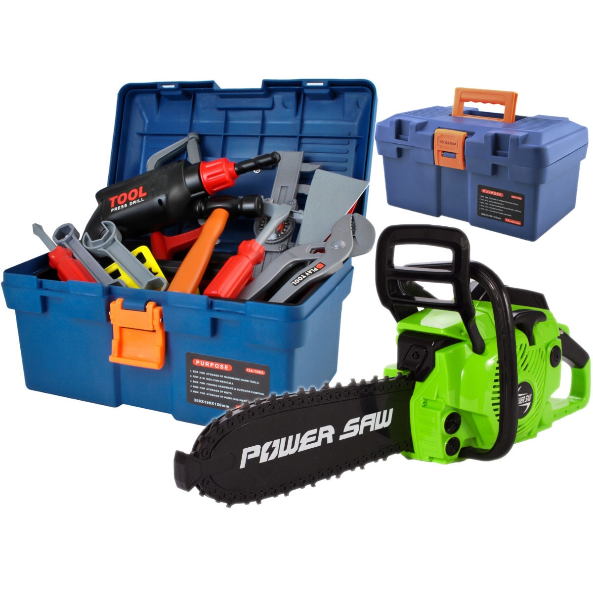 Trusa de scule pentru copii + ferastrau cu lant cu baterii, set 2 in 1 ...