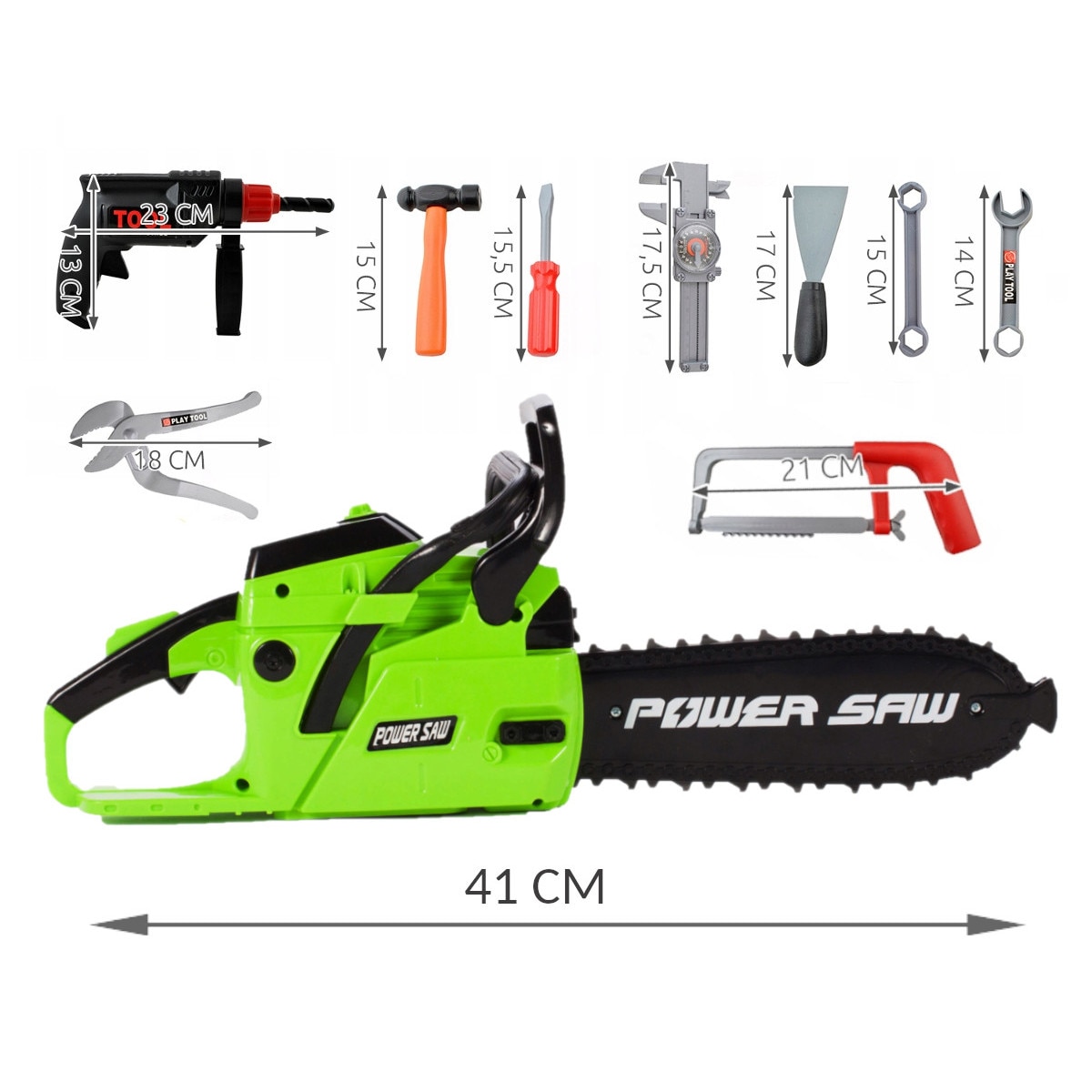 Trusa de scule pentru copii + ferastrau cu lant cu baterii, set 2 in 1 ...