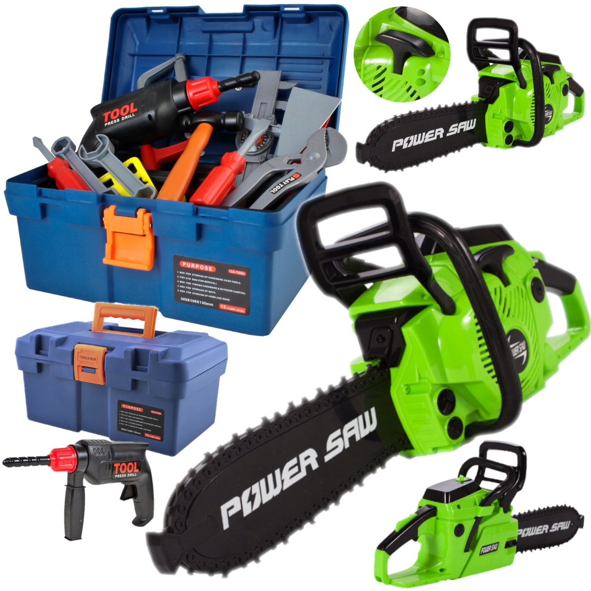 Trusa de scule pentru copii + ferastrau cu lant cu baterii, set 2 in 1 ...