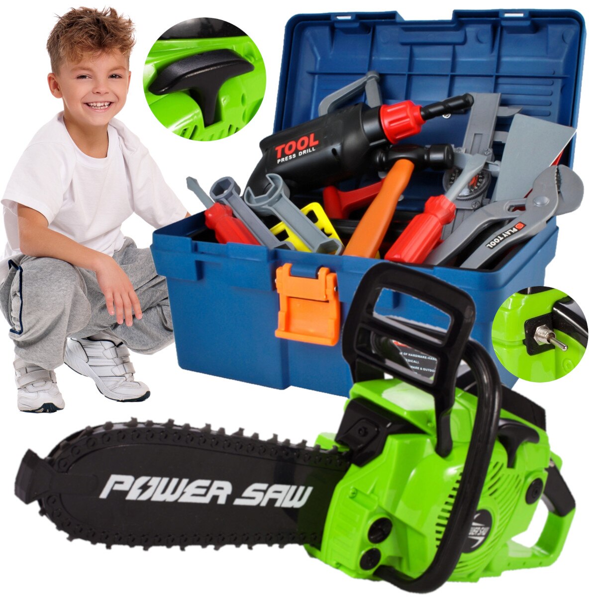 Trusa de scule pentru copii + ferastrau cu lant cu baterii, set 2 in 1 ...