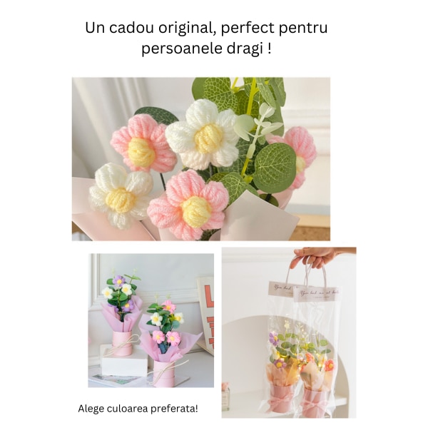 Aranjament flori crosetate manual, roz, si lumini LED 7cm*25cm - eMAG.ro