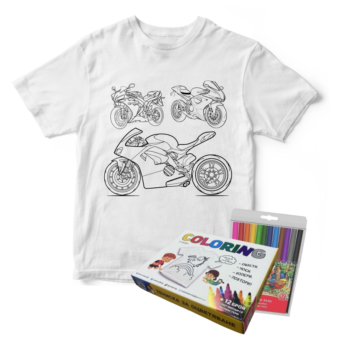 Tricou copii pentru colorat cu markere lavabile, Motiri, 3-4 ani, Alb ...