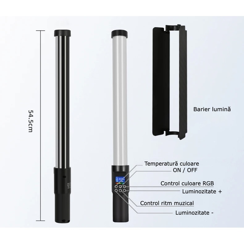 Lampa video tip bagheta, RGB LED, reincarcabil usb c, baterie 4600 mAh ...