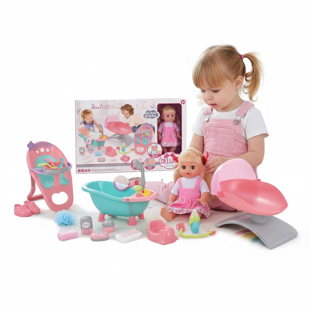 Papusa Bebelus Set 3 in 1 cu Cada, Olita, Scaun de Masa si Patut, Set ...