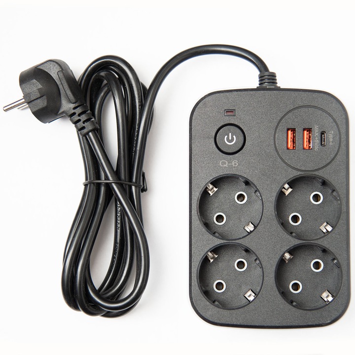 Prelungitor 4 prize, 1.8 m, 2xUSB, 1 type-c PD, intrerupator, Negru-Gri ...
