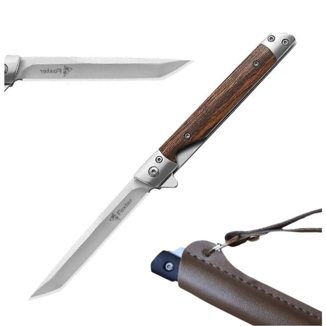 Cutit de vanatoare pliabil Foxter, maner lemn, 21.5cm, teaca din piele ...