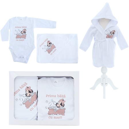 Set pentru prima baita cu nasii, halat, prosop si body, Alb, Minnie ...