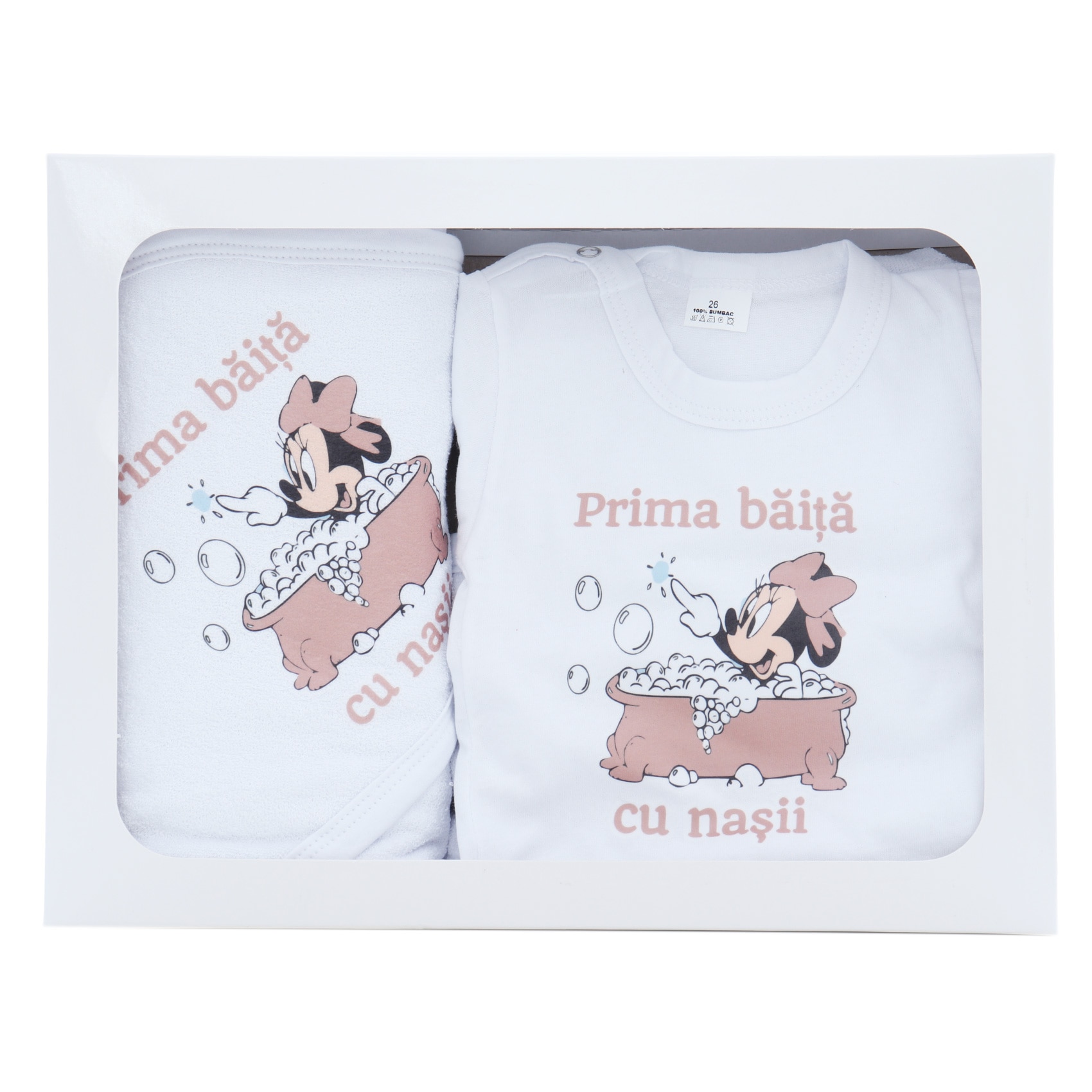 Set pentru prima baita cu nasii, halat, prosop si body, Alb, Minnie ...