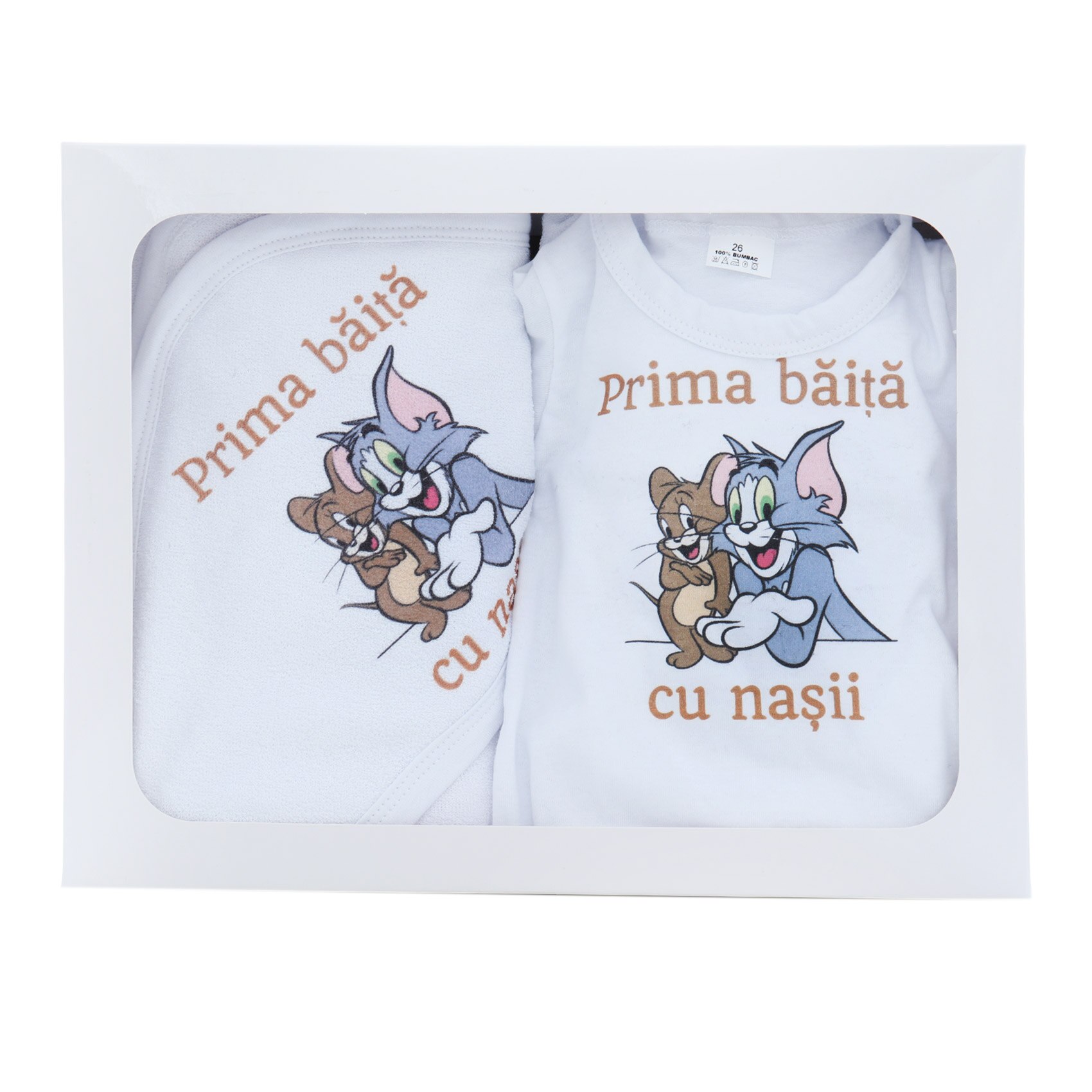 Set pentru prima baita cu nasii, halat, prosop si body, Alb, Tom ...