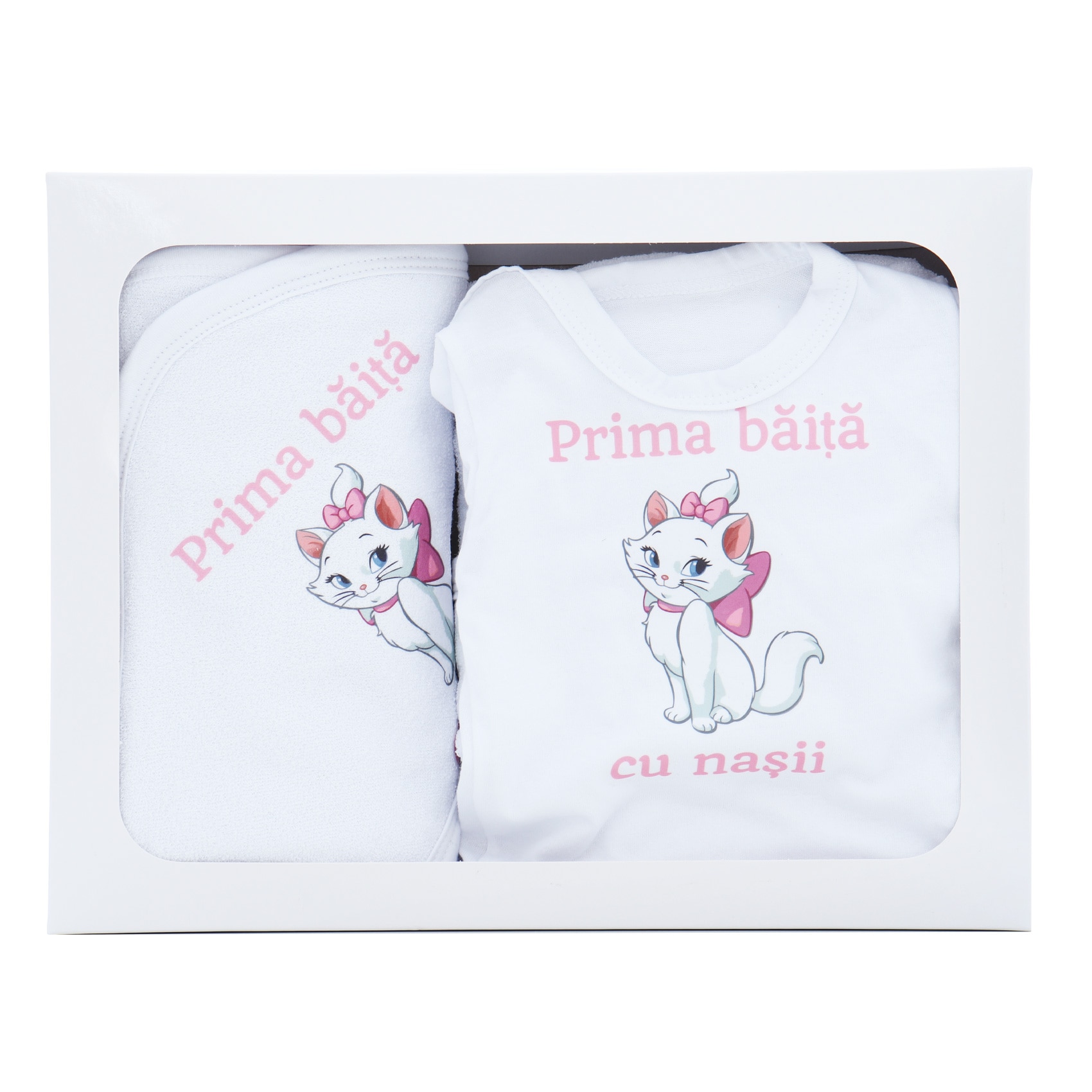 Set pentru prima baita cu nasii, halat, prosop si body, Alb, Pisicuta ...