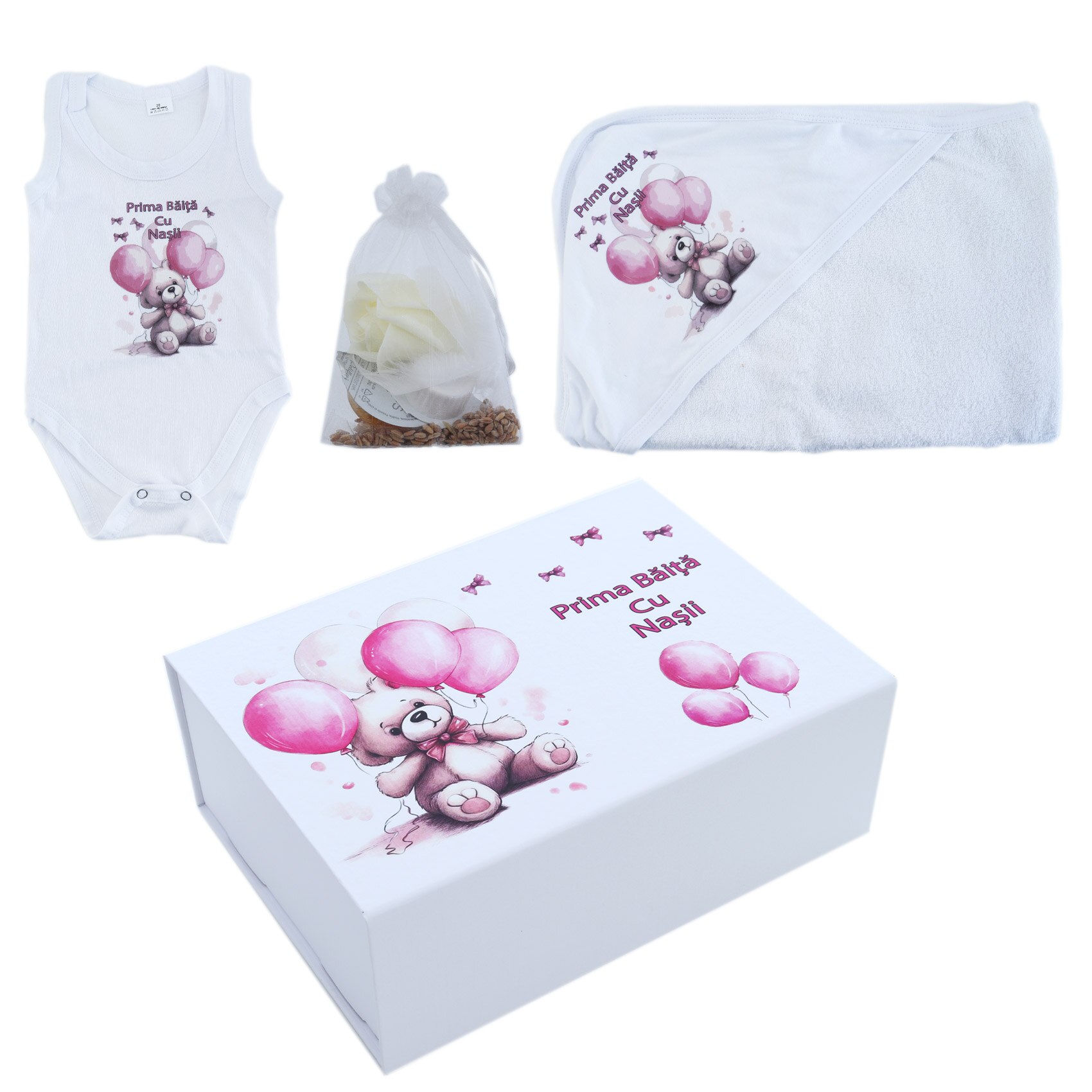 Set prima baita dupa botez cu nasii, body, prosop si saculet cu ...