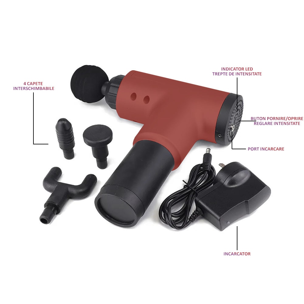 Aparat de masaj gun, profesional, NEXTLY, 6 trepte de viteza, 4 capete ...