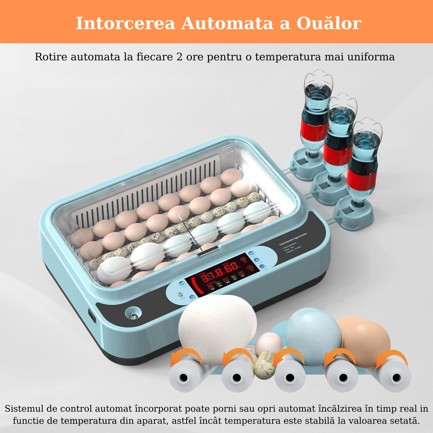 Incubator automat oua cu afisaj de temperatura, umiditate si intoarcere ...