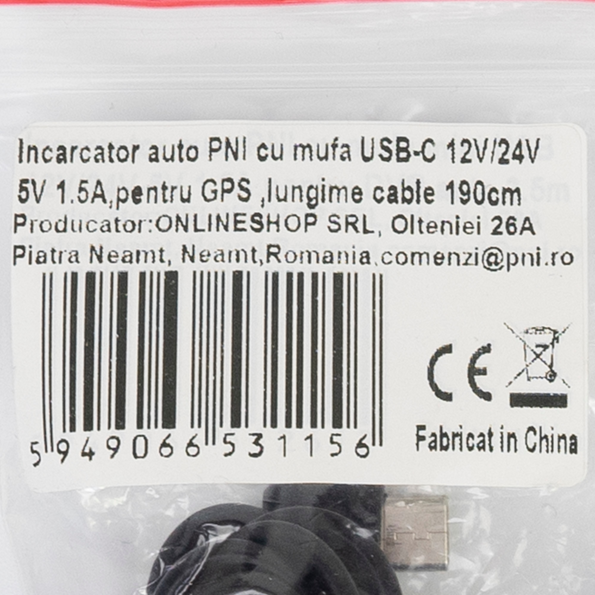 Incarcator auto PNI cu mufa USB-C 12V/24V - 5V 2A, pentru GPS, lungime ...