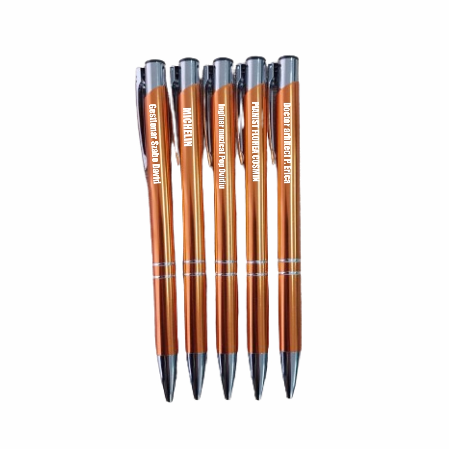 Set 5 pixuri metalice, corp portocaliu, scris albastru, Inedit Print ...