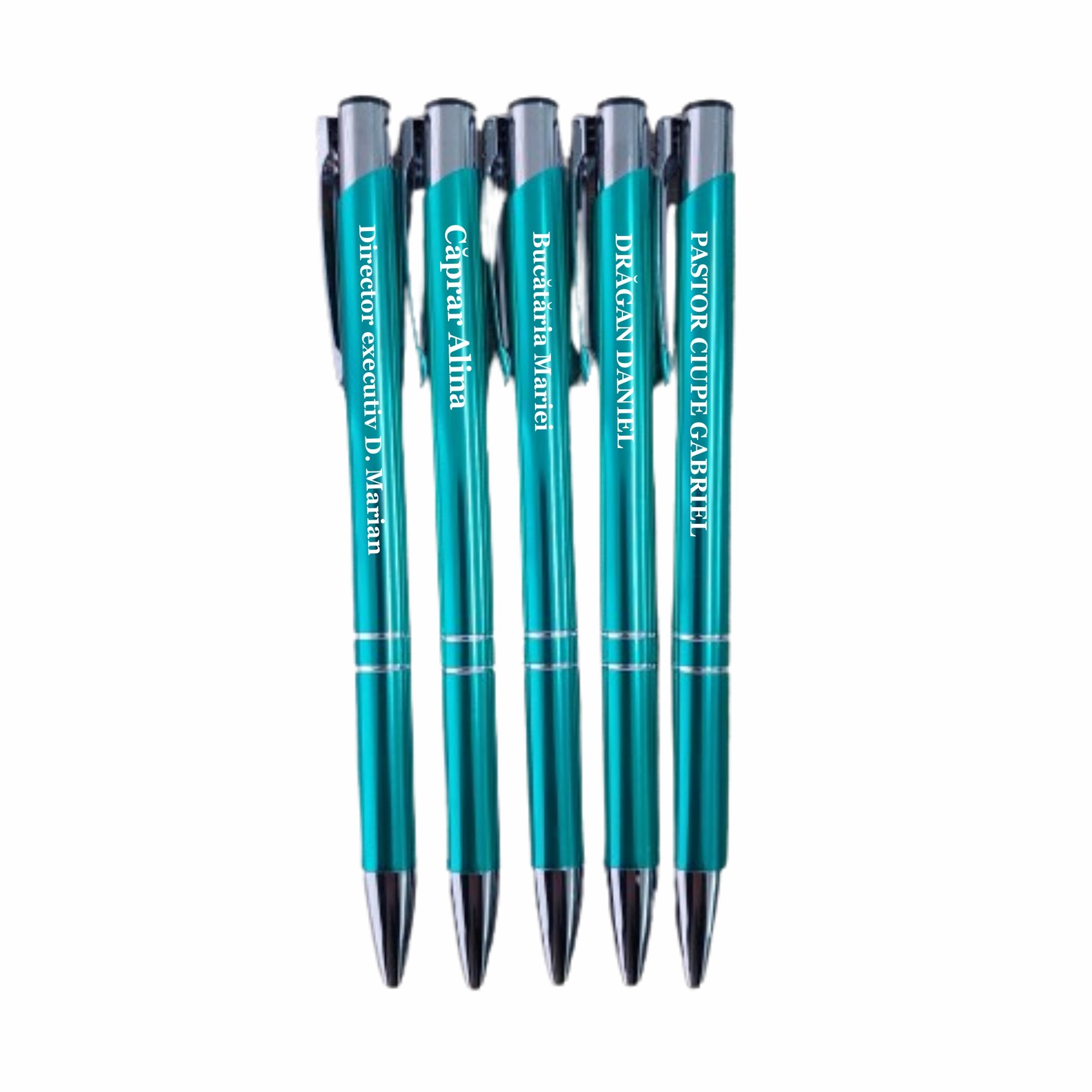 Set 5 pixuri metalice, corp turcoaz, scris albastru, Inedit Print SET13 ...