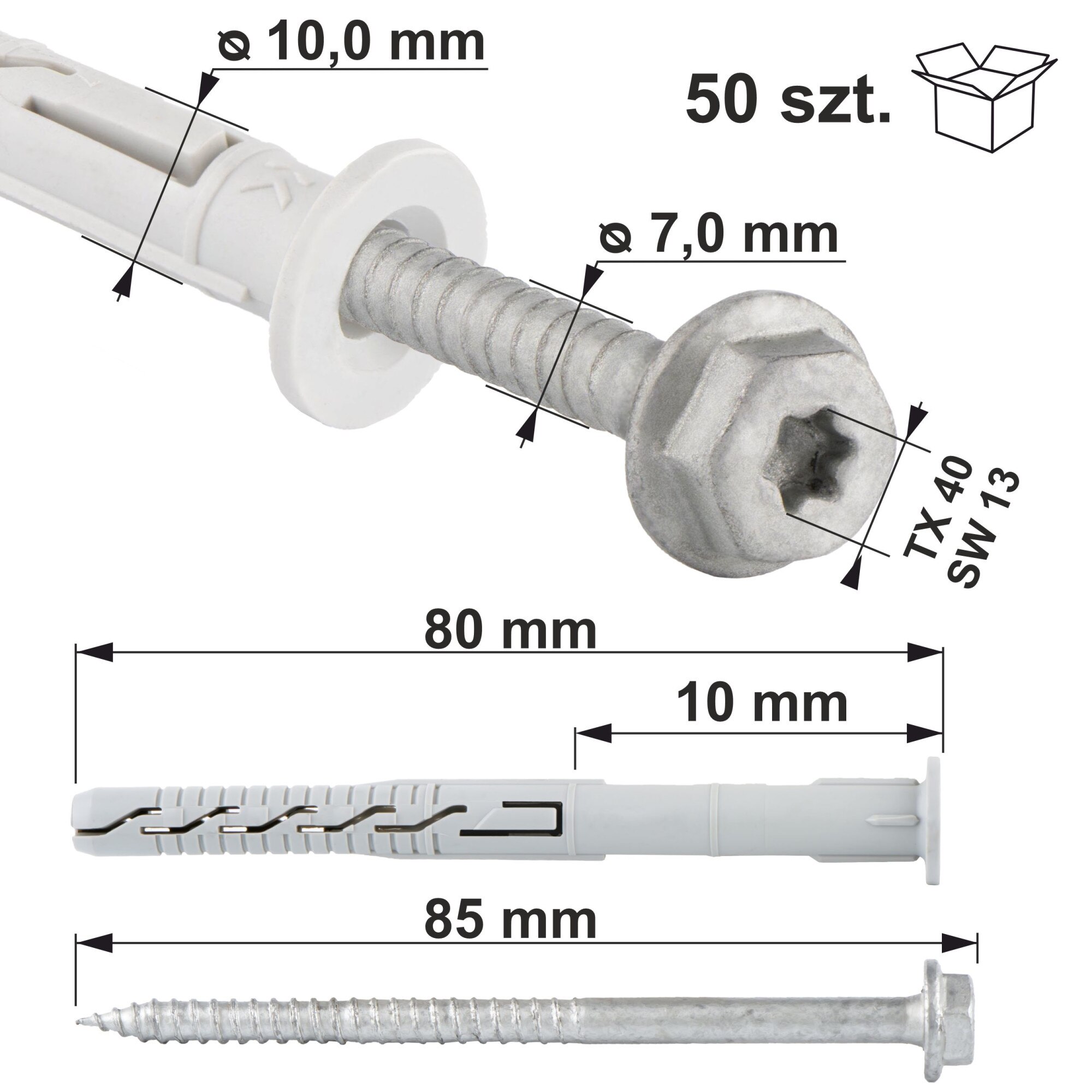Set 50 Suruburi cu dibluri de expansiune 10x80, cu surub 7x85, pentru ...