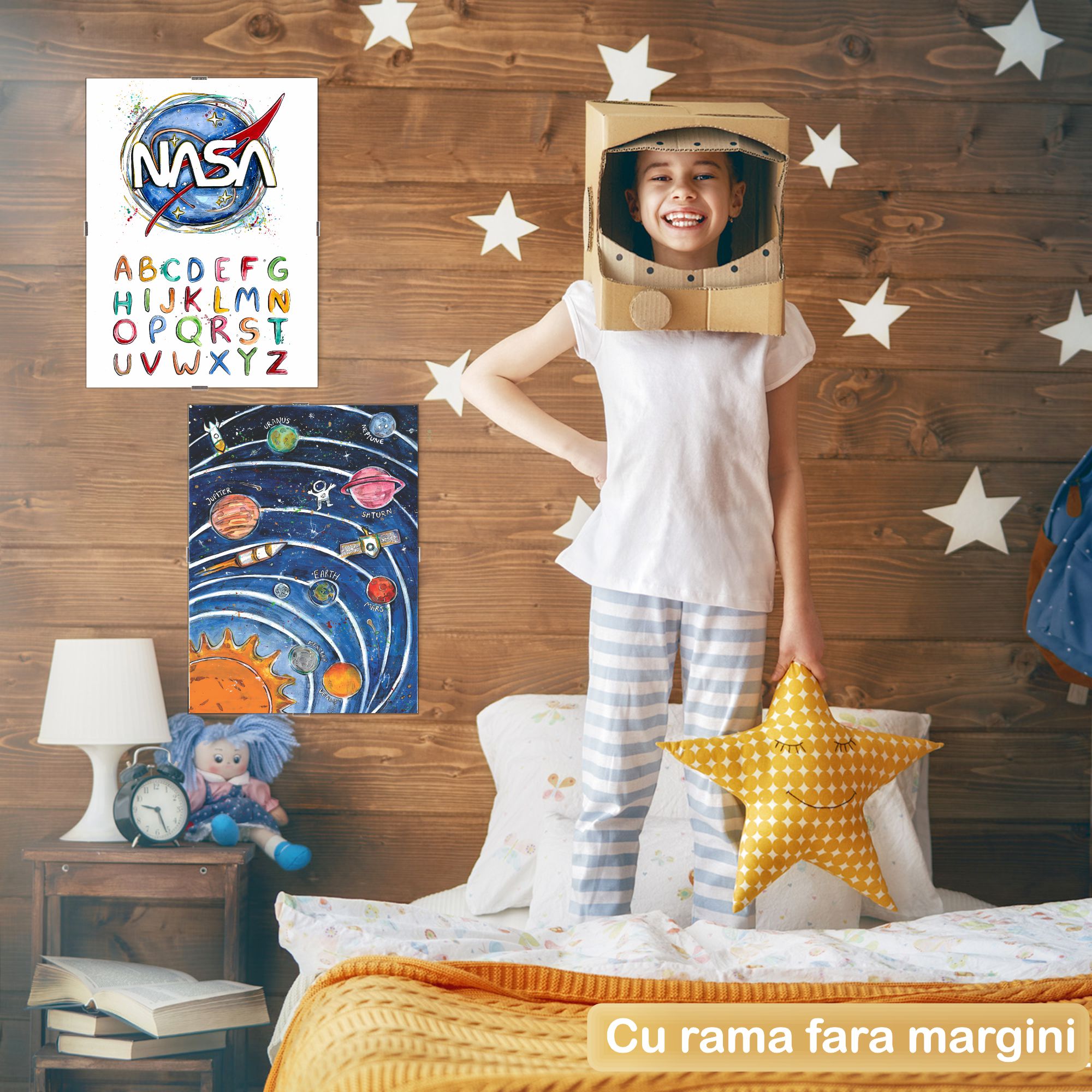 Set 4 Tablouri unicat, seria Spatiu Cosmic pentru copii. Litere, cifre ...