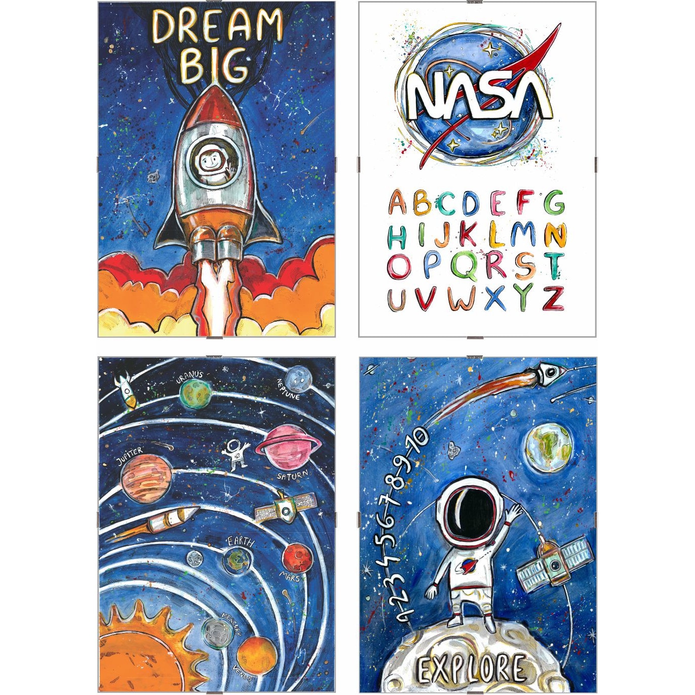 Set 4 Tablouri unicat, seria Spatiu Cosmic pentru copii. Litere, cifre ...