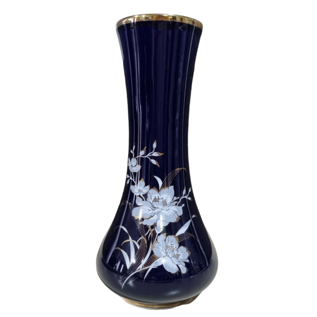 Vaza din portelan cobalt, pictata manual, motive floarale - Bavaria KPM ...