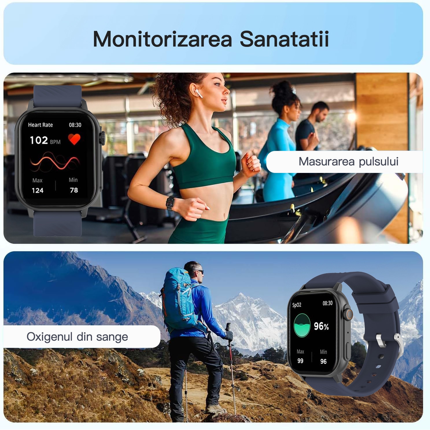 Ceas Smartwatch si Bratara Fitness, GO4FIT®, ZL94, Carcasa UltraSlim ...