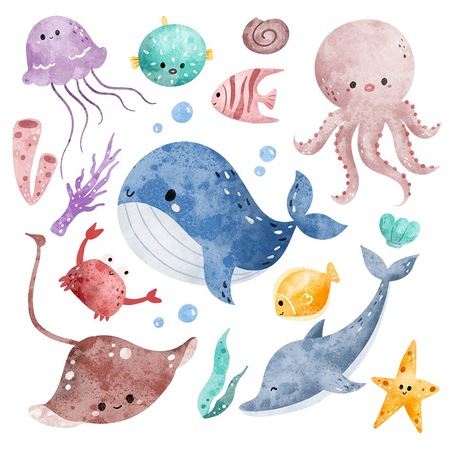 Sticker decorativ, Animale Marine, Balena, Pesti, Caracatita, 12312ST ...