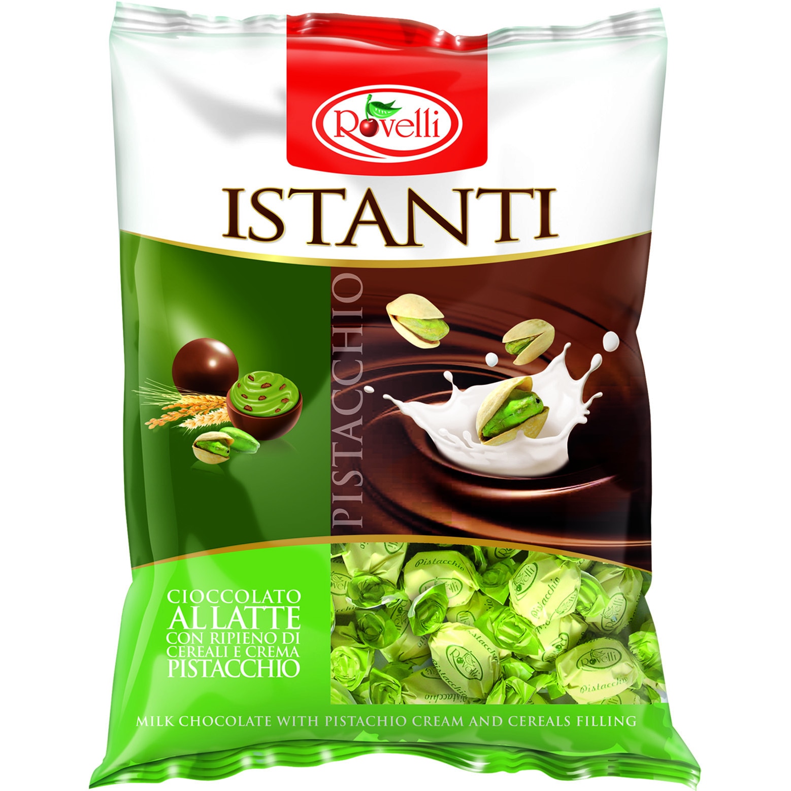 Bomboane de ciocolata cu lapte, crema de fistic si umplutura de cereale ...