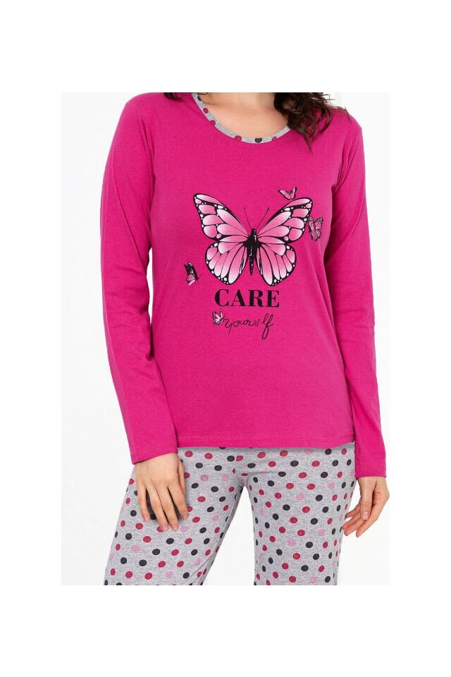 Pijama femei, maneca lunga, bumbac, Care yourself, roz cu gri - eMAG.ro