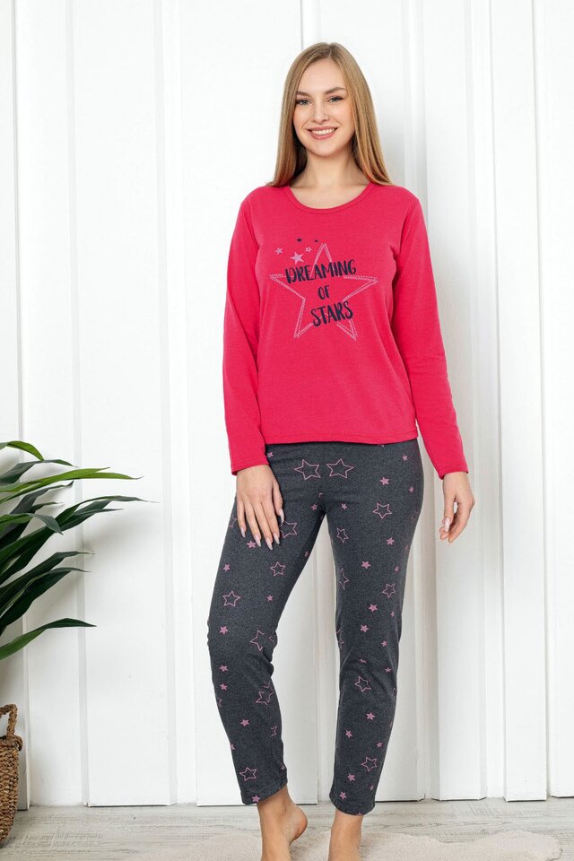 Pijama femei, maneca lunga, bumbac, Dreaming of stars, roz - eMAG.ro