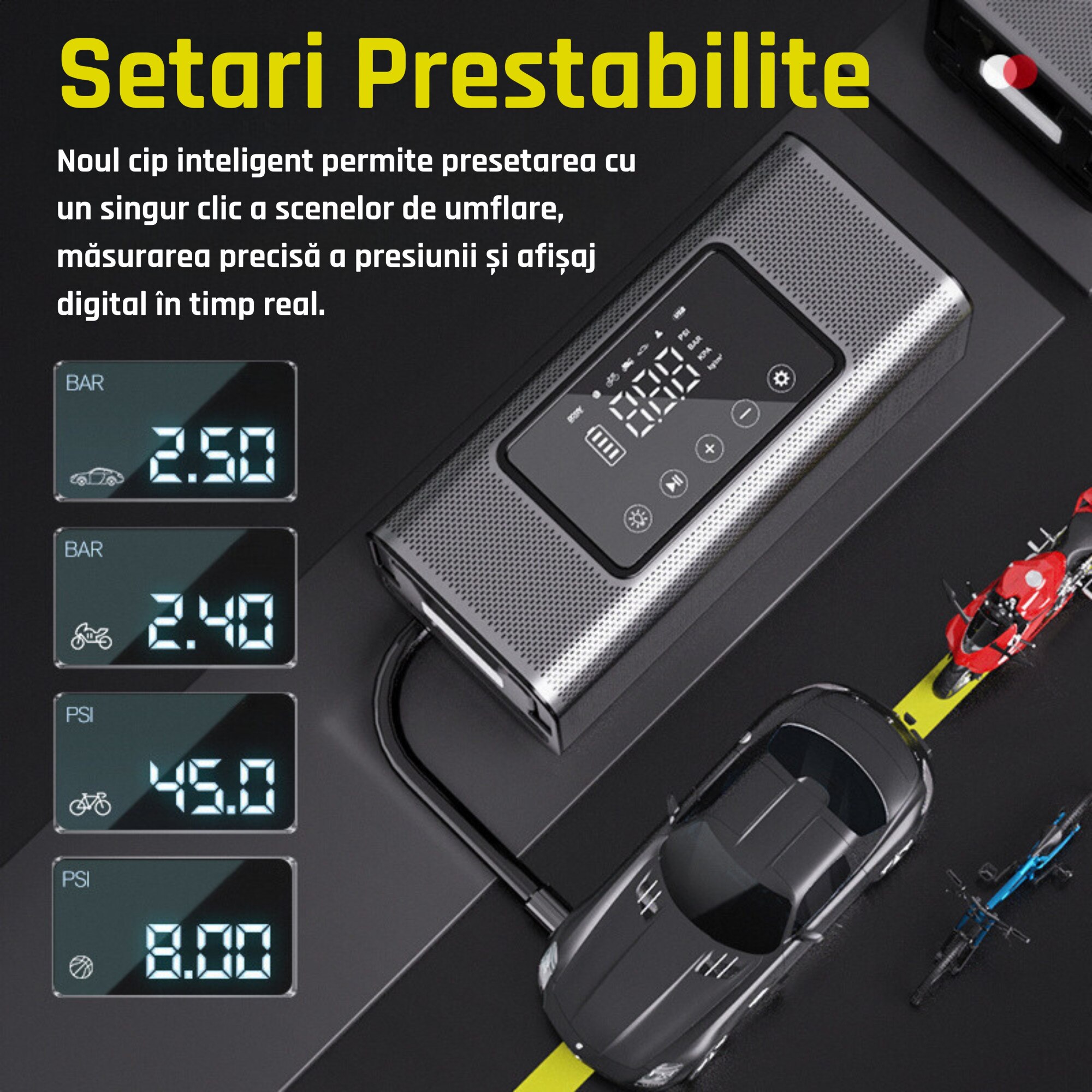 Compresor auto portabil cu acumulator, Pompa cu 2 cilindri de umflat ...