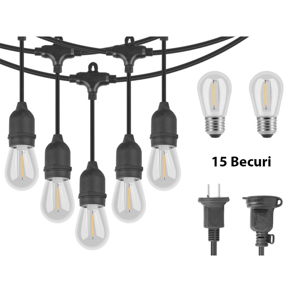 Ghirlanda Luminoasa de Exterior Techstar® 10M cu 15 Becuri LED, E26, 1W, Cablu cu Pendul Negru ...