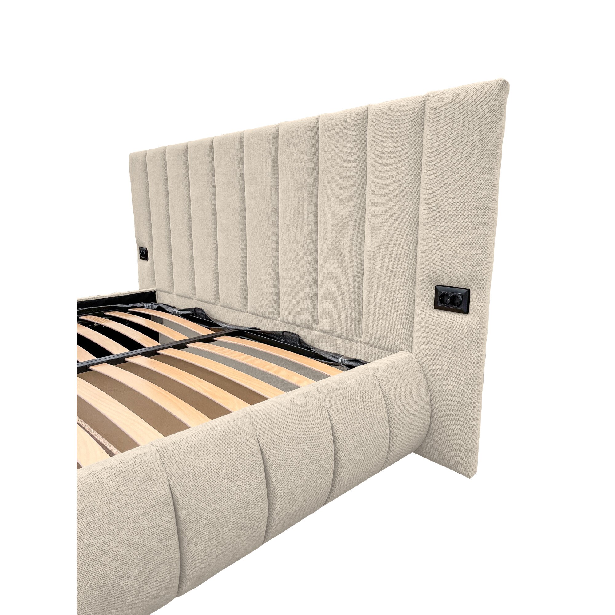 Pat tapitat, cu spatiu de depozitare si somiera rabatabila, Dave, crem ...