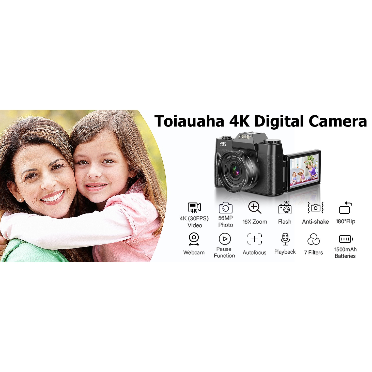 Camera video digitala, compacta, 4k, 56 megapixeli, zoom 16x, card 32 ...