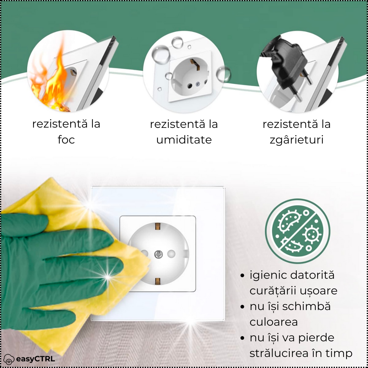 Priza simpla de perete, Rama din Sticla Securizata, 16A, Alb, easyCTRL ...