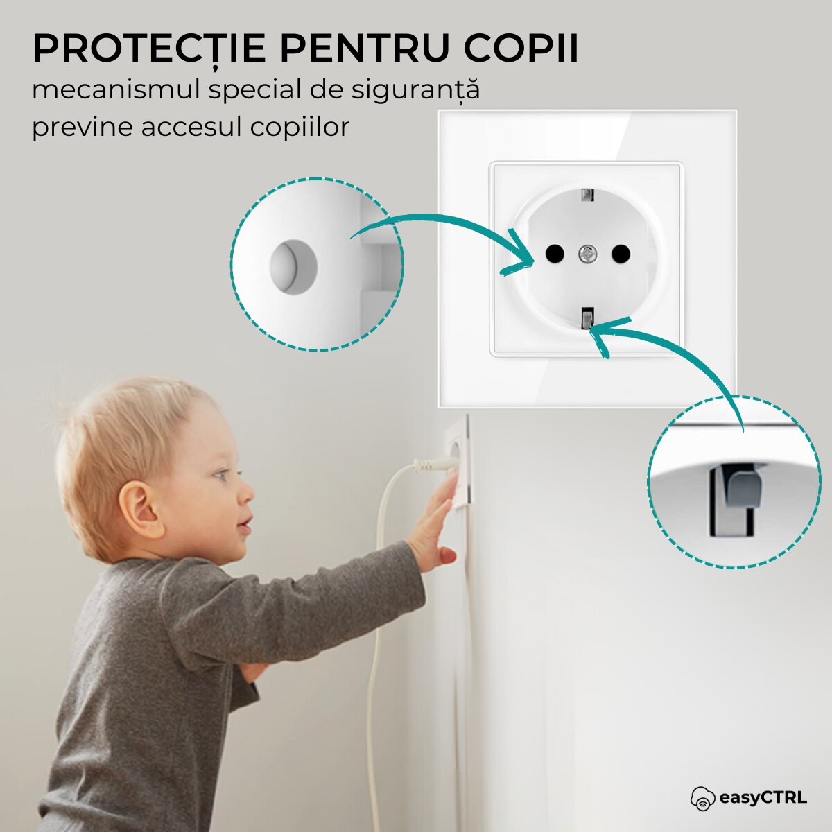 Priza simpla de perete, Rama din Sticla Securizata, 16A, Alb, easyCTRL ...
