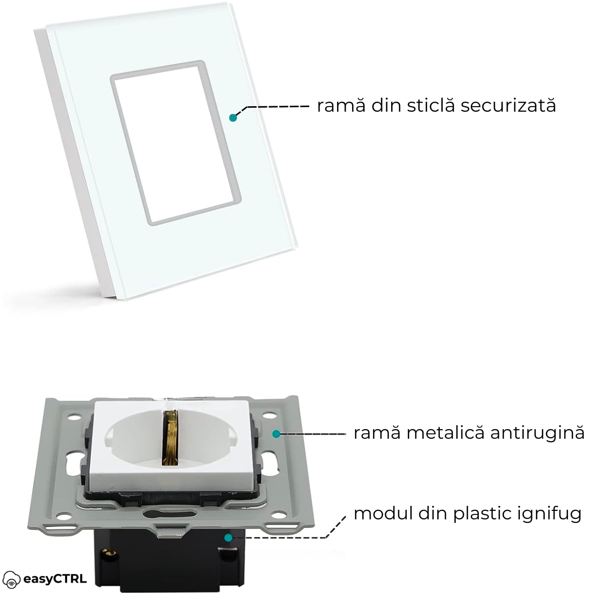 Priza simpla de perete, Rama din Sticla Securizata, 16A, Alb, easyCTRL ...