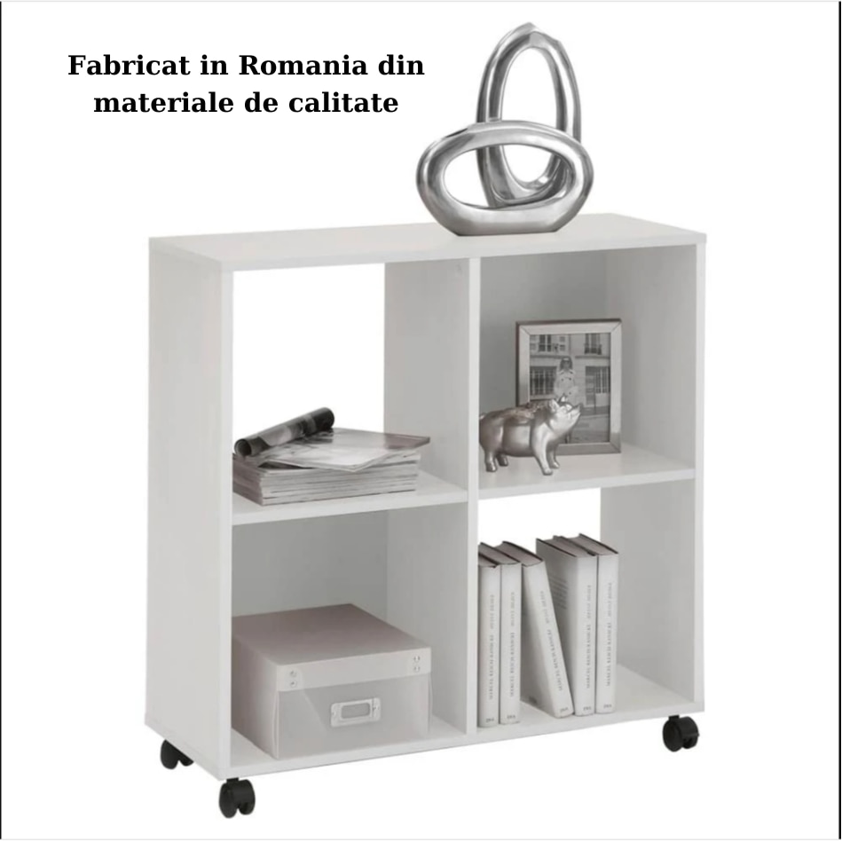 Raft pe roti pivotante cu 4 compartimente alb, Mobleto, 77x72x33 cm ...
