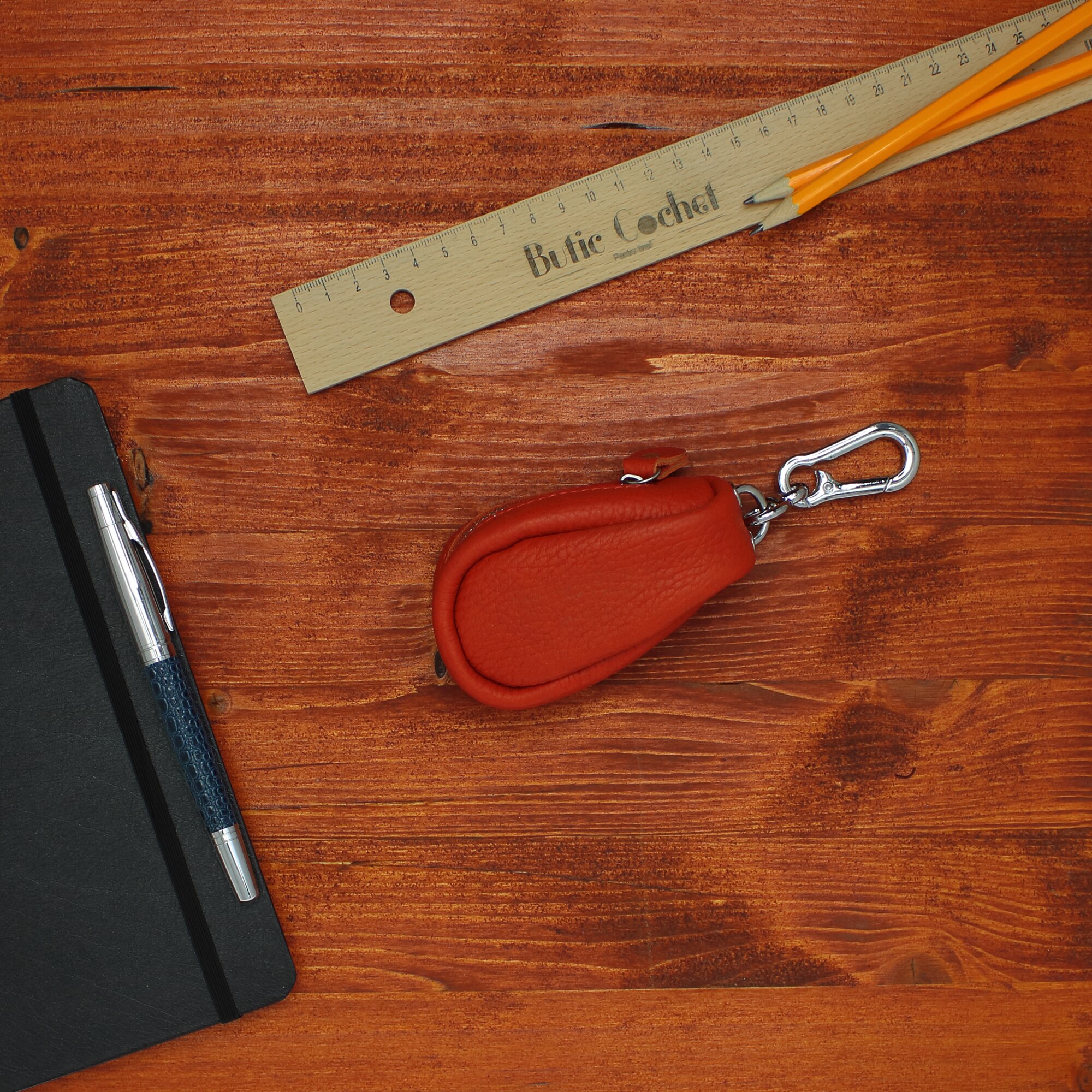 Port chei, din piele naturala, ButicCochet, 11x5 cm, Corai - PR996 ...