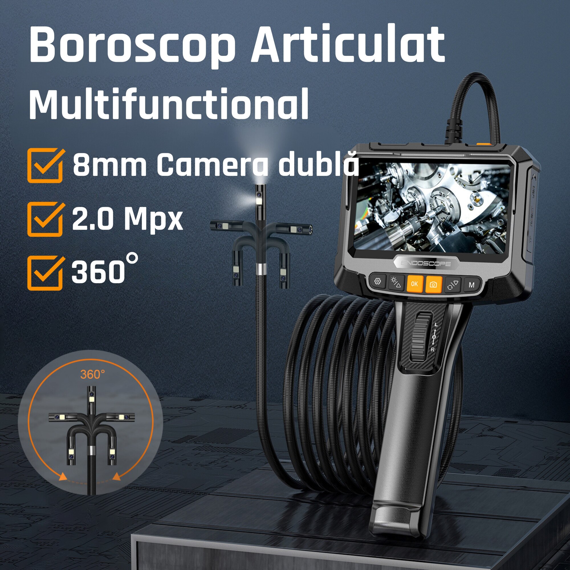 Endoscop/Boroscop industrial articulat 360 pentru inspectii, TAITAVA S10, Lungime 1M, 2Mpx 8mm ...