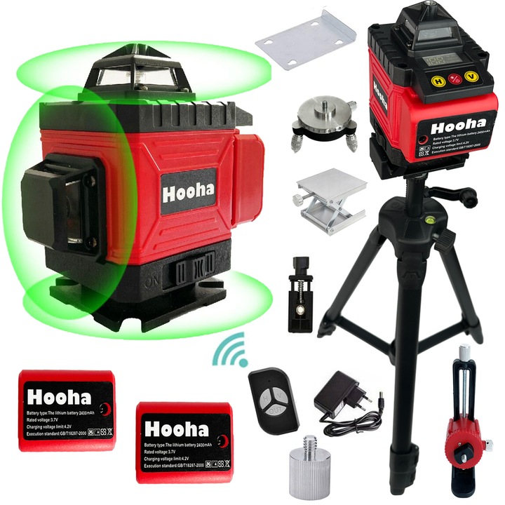 Nivel laser verde cu autonivelare cu 16 linii, Hooha, 29x26x14 cm, Rosu ...