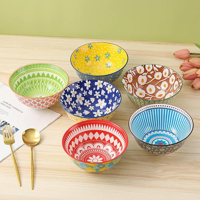 Set de 6 boluri ceramice pentru bucatarie, Adanci de 15 cm, Cu modele ...