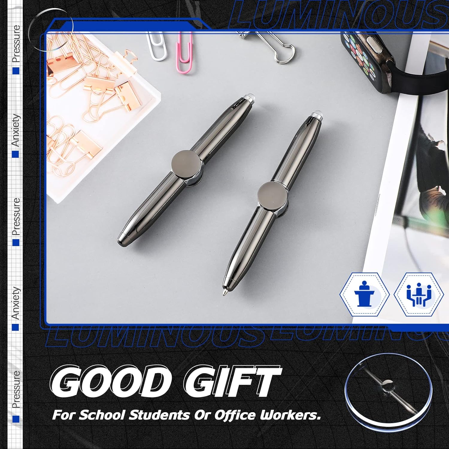 Set 2 Fidget Spinning Pen cu lumina LED, Metal, Gri - eMAG.ro