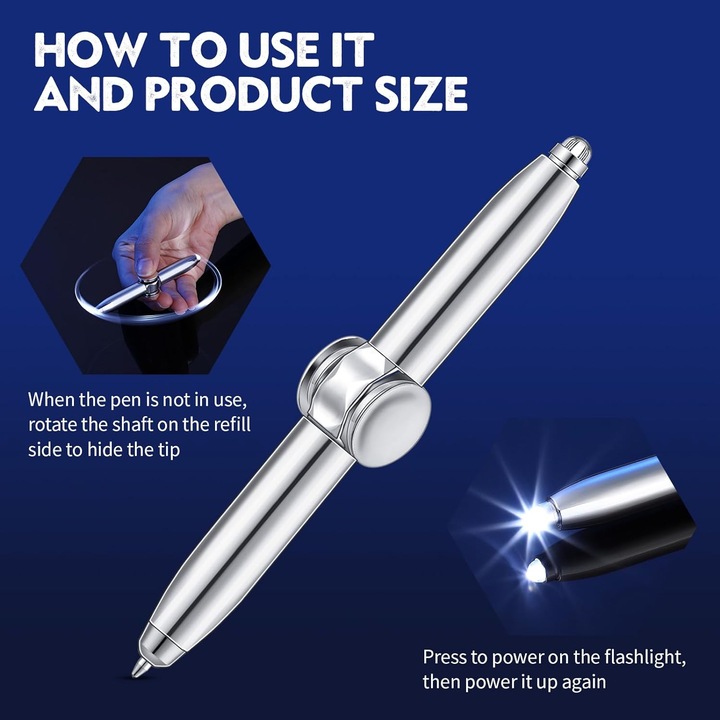 Set 2 Fidget Spinning Pen cu lumina LED, Metal, Argintiu - eMAG.ro