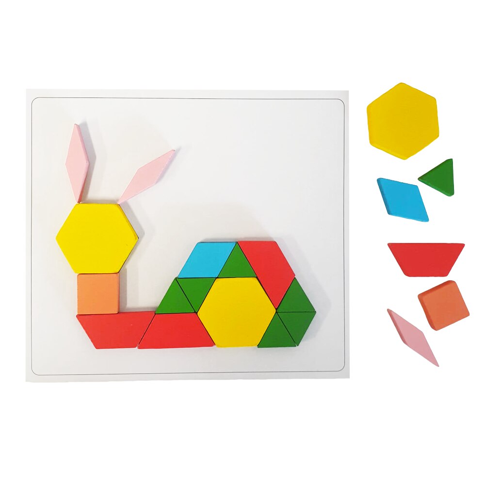 Joc educativ, Tangram cu 250 piese geometrice din lemn si fise de lucru ...